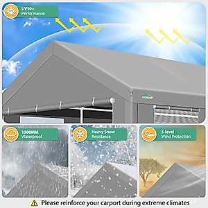 COBIZI Carport 10'x20' Heavy Duty Portable Garage, Upgraded Car Canopy with Removable Sidewalls, Ventilated Windows & Built-in Sandbags, Waterproof All-Season Tarp, Car Tent for Truck, Boat, Gray