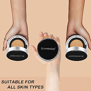 SIAMHOO Air Cushion CC Cream Foundation Makeup Primer Sunscreen SPF50+ Full Coverage Lightweight Long-lasting Oil Control for All Skin Types, Refill Included, 0.53 Oz x 2 (Natural)