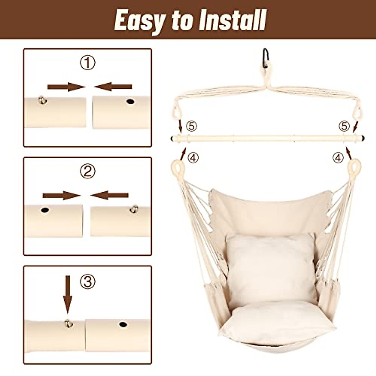 Highwild Hammock Chair Hanging Rope Swing - Max 500 Lbs - 2 Cushions Included - Steel Spreader Bar with Anti-Slip Rings - for Any Indoor or Outdoor Spaces (Beige)