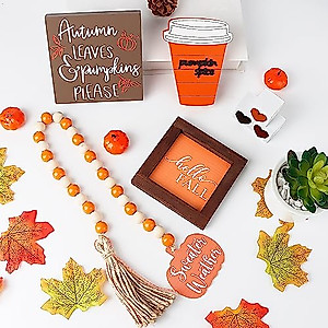 Fall Table Decor, Farmhouse Fall Home Decor Set with 3 Heart Blocks, 3 Wooden Signs and Wood Bead Garland for Tiered Tray, Shelf and Mantle - Fall Decorations for Home (Tray not Included)