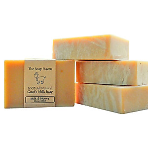 4 Goat Milk Soap Bars with Honey - Handmade in USA. All Natural Soap, Unscented, Fragrance Free, Fresh Goats Milk. Wonderful for Sensitive Skin and Babies. SLS, Paraben, GMO-Free