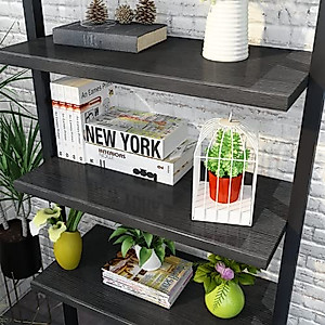 Lamerge Wall-Mounted Ladder Shelf,Industrial 5 Tier Bookcase with Metal Frame, Plant Flower Stand Display Storage Organizer Shelves,Open Bookshelf for Home Office,Black+Black