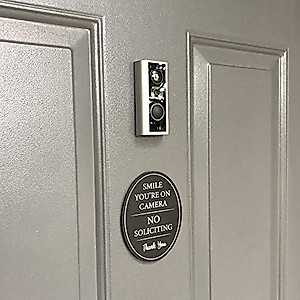 All Hung Up 4" x 5" Smile You're on Camera & No Soliciting Sign for House, 3M Self-Adhesive for Door,Window,Wall, Durable Quality Aluminum Metal Surface, Home,Business,Office, Thank You, Black