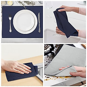 Airensky Kitchen Essentials Dish Towels 6-Piece Value Set - Waffle Design, Reusable Cleaning Cloths, Soft, Ultra-Absorbent, Nonstick Oil and Quick Drying - 12x12 Inches (3 Navy, 3 Gray)