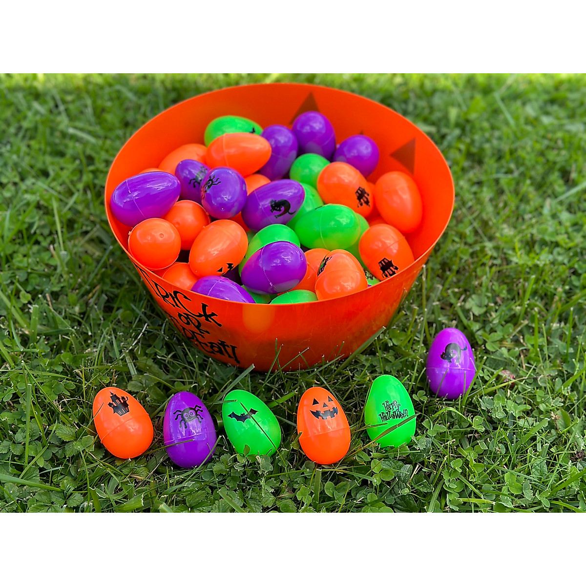 Iconikal 72-Count Halloween Eggs - Durable Plastic Holiday Treat Containers in Orange, Neon Green, and Purple Featuring 6 Different Fun Designs (2.3 x 1.6)
