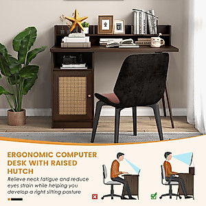 Tangkula Mid Century Desk with Hutch, 48” Writing Study Desk with PE Rattan Storage Cabinet & Shelves, Laptop PC Desk with Rubber Wood Legs, Compact Computer Workstation for Home Office (Brown)