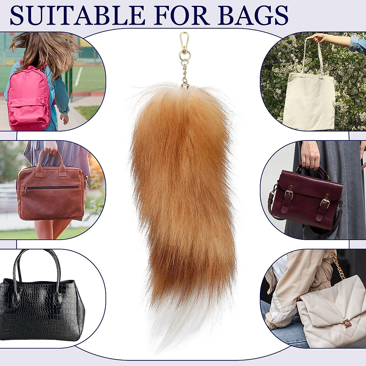 Ferreve Huge and Fluffy Real Fox Tail Keyring Fur Tail Keychain Handbag Accessory Hook Pendant Gift for Women 2 Sizes(Black,White,6 Pcs)