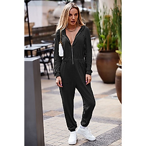PRETTYGARDEN Women's Casual Long Sleeve Hooded Jumpsuits Zip Up One Piece Outfit Romper with Pockets (Black,Medium)