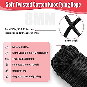 Soft Cotton Rope, 32 feet / 10m Rope, 8mm Thick, Soft Rope, Soft Tying Rope Multi-Purpose Washable Strong Multifunctional Rope Long Strap - (3Black)