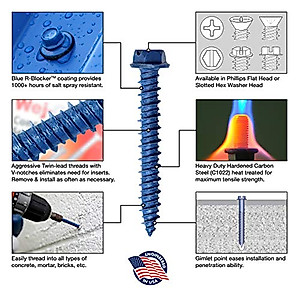 Wej-It Wej-Con Concrete Screws,1022 Heat Treated Carbon Steel, Blue R-Blocker Finish (3/16" x 1-1/4", Hex Head)