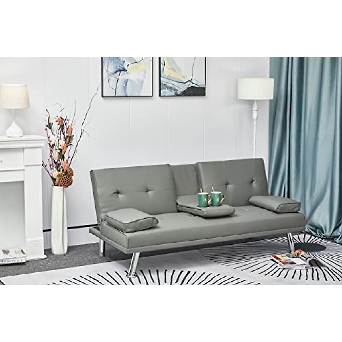 Morhome Leather Futon Bed Convertible Folding Couch for Living Room Sectional Sleeper Sofa for Small Space with Cup Holder and Removable Armrest Gray, Grey