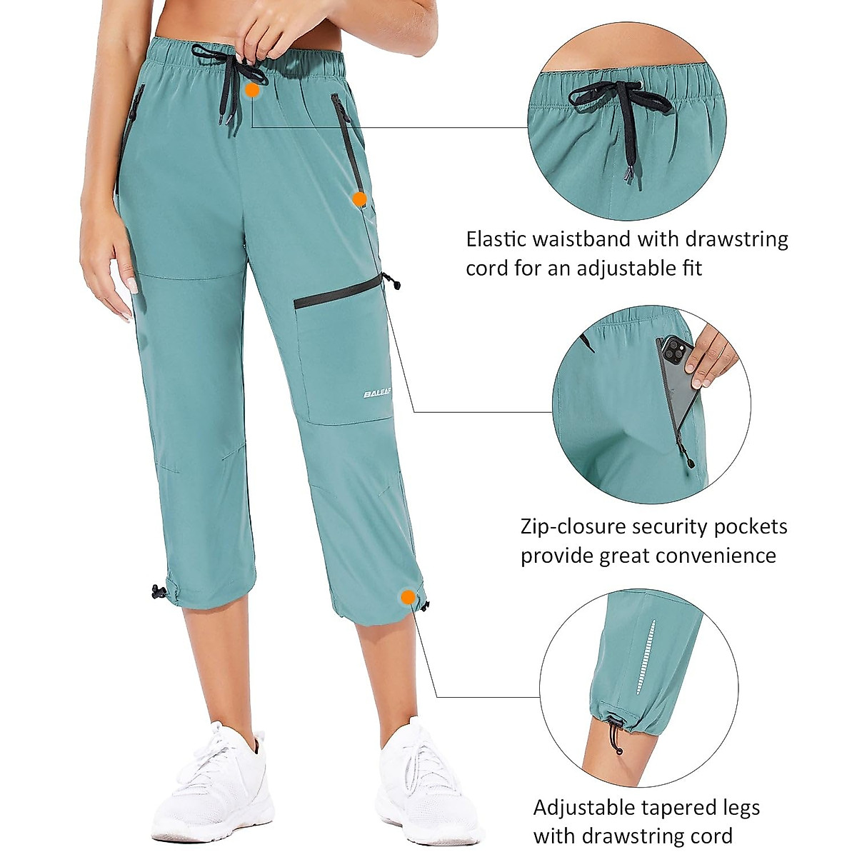 BALEAF Women's Hiking Cargo Capris Outdoor Lightweight Water Resistant Pants UPF 50 Zipper Pockets Pond Size M