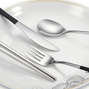 INKULEER Travel cutlery set, 18/8 stainless steel cutlery, Reusable utensils set with case, Portable Silverware Lunch Box for Camping and Office(Black/knife set)