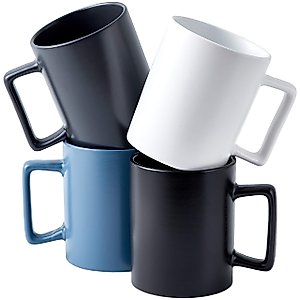 Bruntmor 16 Oz Coffee Cups With Square Handle | Coffee Mug Set of 4, Cute Modern Porcelain Flat Ceramic Mug in Monochrome Colors, Best Gift For Your Christmas, Birthday or DIY Cafe Decoration