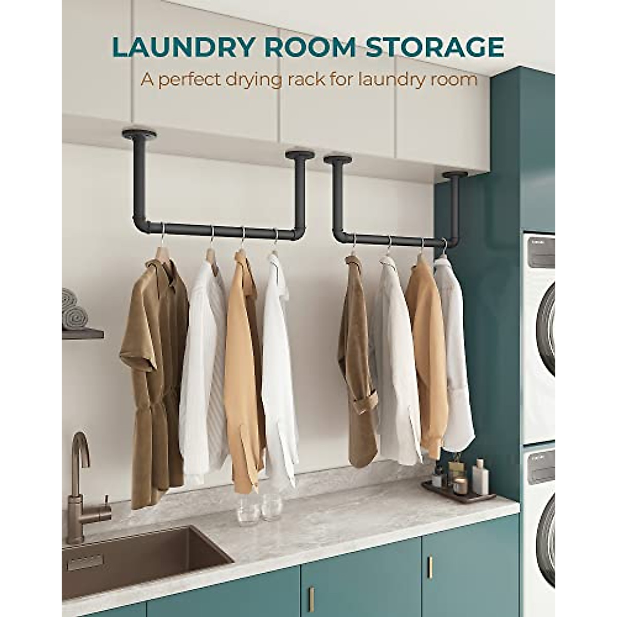 OROPY Industrial Pipe Clothes Rack 21.6” Set of 2, Heavy Duty Wall Mounted Black Iron Garment Bar, Multi-Purpose Clothing Hanging Rod for Laundry Room and Closet Storage