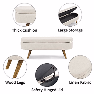 TRIPLE TREE 43.5" Storage Ottoman Bench with 250lb Seating, Linen Upholstered Wood Legs Safety Hinge Flip Top Oval Foot Rest Long Stool for Sofa Couch Bedroom End of Bed Living Room Entryway, Beige