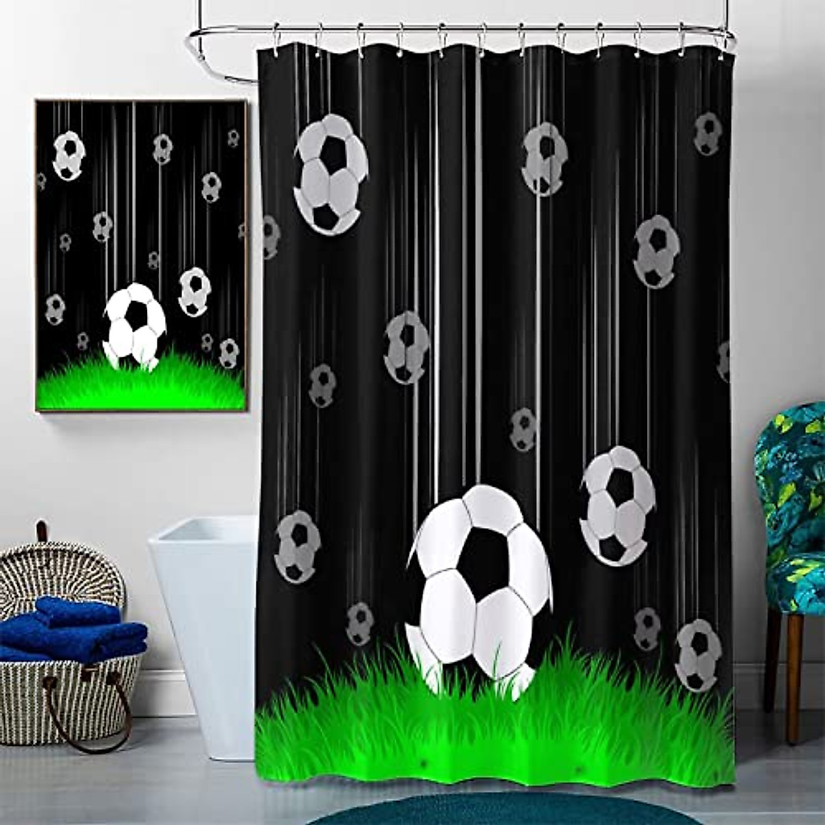 Soccer Shower Curtain Set Cartoon Black and White Football Shower Curtain Set with Rugs, Toilet Lid Cover and Bath Mat, 70.8×70.8