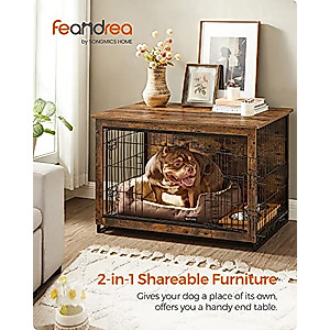 FEANDREA Dog Crate Furniture, Side End Table, Modern Kennel for Dogs Indoor up to 70 lb, Heavy-Duty Dog Cage with Multi-Purpose Removable Tray, Double-Door Dog House, Rustic Brown UPFC003X01