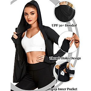 COOrun Women's UPF 50+ Sun Protection Hoodie Jacket Lightweight Full Zip Running Jacket Athletic Jacket with Thumb Holes Black M