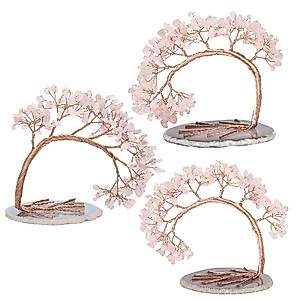 Sumgiftforall Handmade Natural Crystal Quartz Tree Tumbles Stone Bonsai Money Tree on Geode Agate Base Feng Shui Home Office Desk Decoration for Health and Luck, Rose Quartz