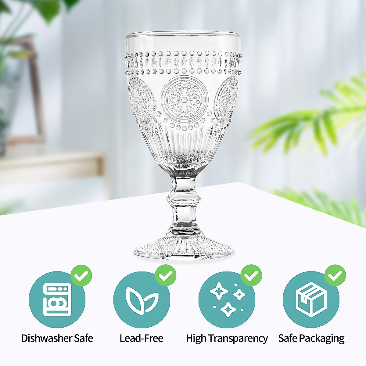 Wongblee Vintage Glass Goblets 11.8 Oz, Stemmed Wine Glasses, Embossed Drinking Glasses for Wine, Water, Juice, Beverage, Set of 6 (Style-B)