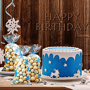 Christmas Cellophane Bags Winter Snowflake Holiday Treat Bags Blue Plastic Candy Goodie Bags with Twist Ties for Winter Xmas Wonderland Birthday Holiday Party Favors(100 Counts)
