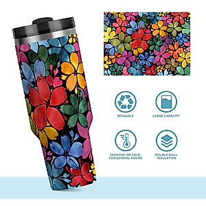 Yasala Car Tumbler with Handle Rainbow Flower Travel Mug Coffee Cup Insulated Beverage Container Mega Cup for Hot Cold Drinking Thermos Water Bottle Cupholder Friendly 40 oz