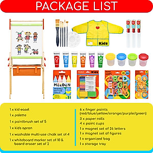 MEEDEN Easel for Kids, Double-Sided All-in-one Wooden Art Easel, Kids Art Easel Set with Paper Rolls, Magnetic Easel with Whiteboard & Chalkboard, Finger Paints, Accessories Easel for Toddlers