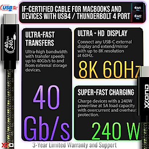 XZOND IF-Certified USB4 Cable 1M – 40Gbps Data Transfer, 240W Charging, 8K Video - MacBooks (M1,M2,Intel), Laptops, USB-C Monitors, iPads, Hubs and Docks