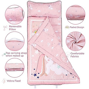 UOMNY Toddler Nap Mat - 1 Pack Girls Sleeping Bag with Removable Pillow - Unicorn 50x20 Inch Kids Preschool Nap Sack with Pillow Pink Girls Napper Nap Mats for Daycare Napping Bag for Girls