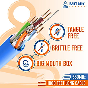 MONK CABLES | CAT6 Plenum Cable 1000ft | 100% Pure Copper | UTP, 23AWG, 550MHz | DSX-8000 Certified | Most Certified Cable of The Whole Market (Blue)