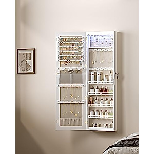 Hzuaneri 8 LEDs Mirror Jewelry Cabinet, 47.2-inch Jewelry Armoire Organizer, Wall/Door Mount Lockable Storage Cabinet with 6 Earrings Shelves, 2 Makeup Pockets, White and Beige JC12003BE