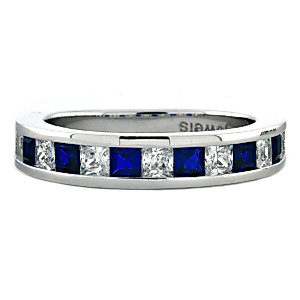 1000 Jewels Olivia B: Princess-cut SImulated Sapphire & IOF CZ Semi-Eternity Wedding Band Silver, 3132A sz 7.0