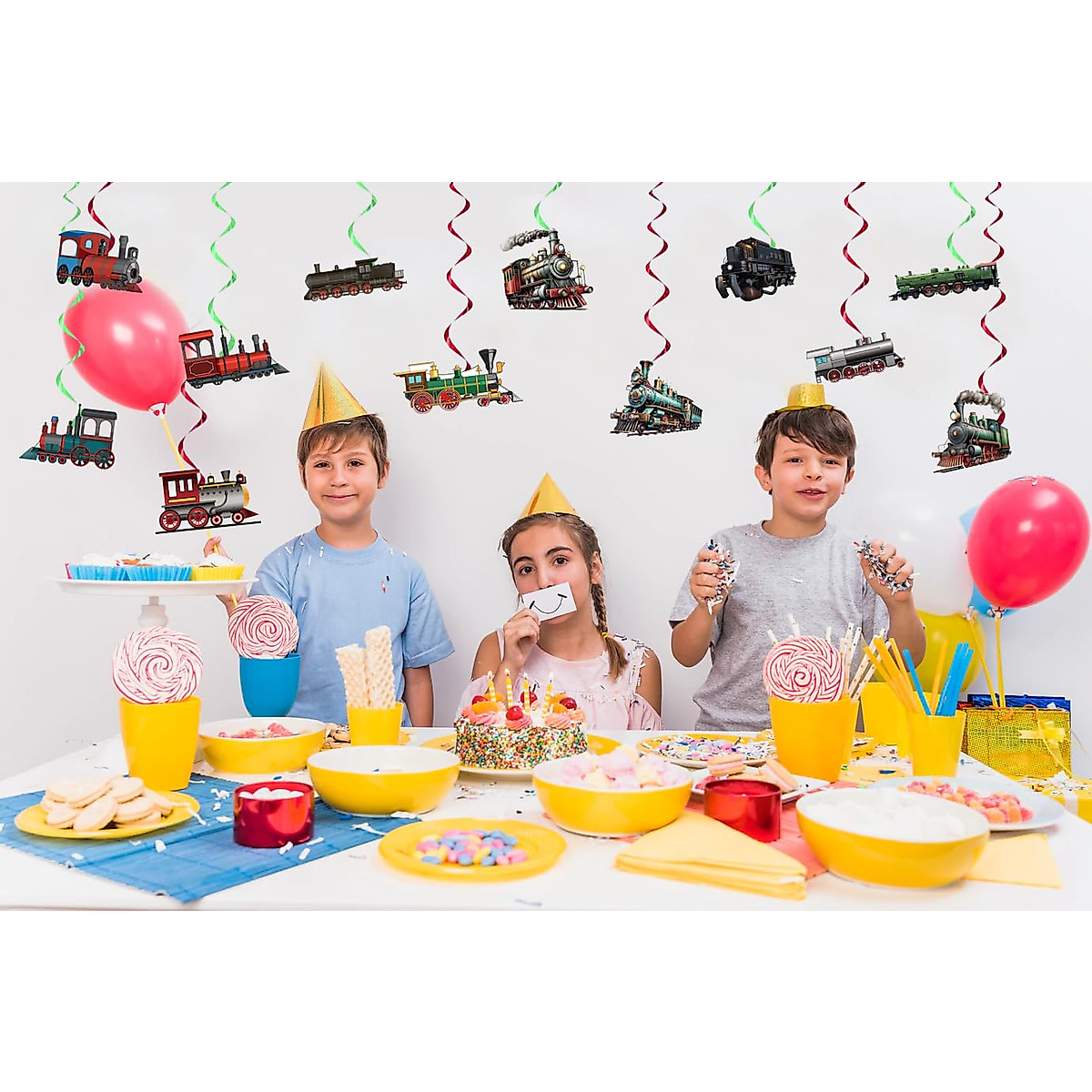 24 Pcs Train Hanging Decorations Steam Train Hanging Swirls Ceiling Swirls Train Birthday Party Supplies for Retro Train Party Decorations Train Transportation Decorations