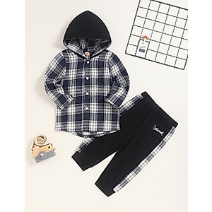 Fuermos Toddler Baby Boys Clothes Flannel Lattice Button Down Hooded Tops +Pants Boys Fall Winter Outfits(5-6T)