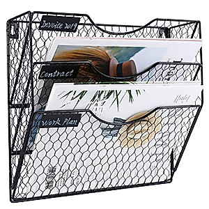 PAG Wall File Holder Hanging Mail Organizer Metal Chicken Wire Wall Mount Magazine Rack, 3-Tier, Black