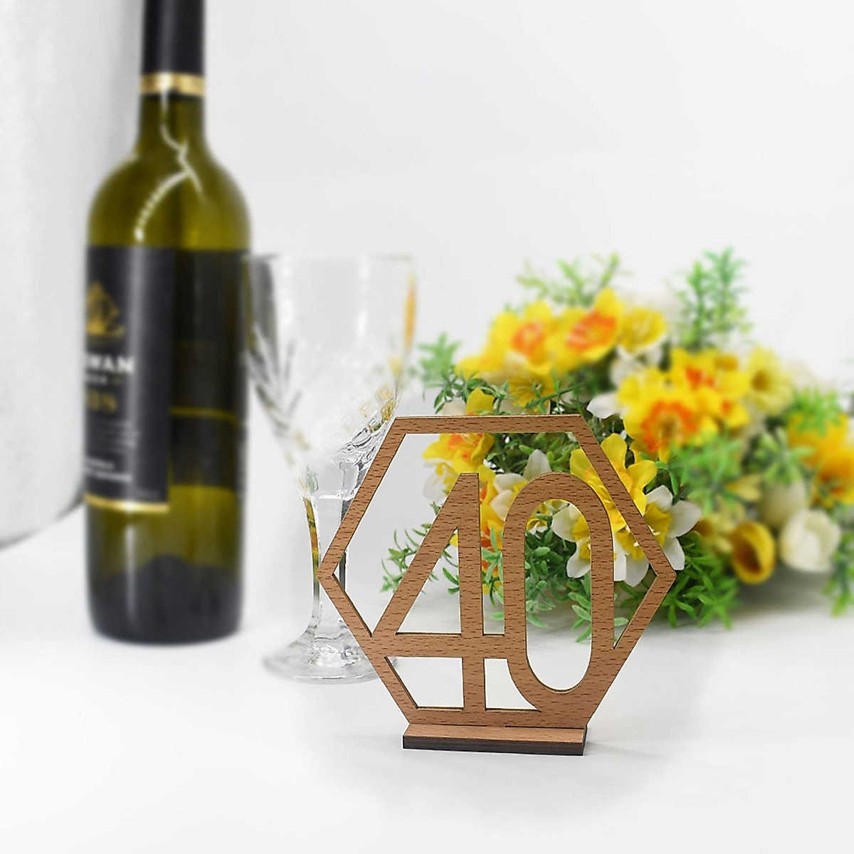SUNFECILI 10 Pcs Wooden Table Numbers, Hexagon Hollow Out Table Number,Wedding Place Cards, Wood Numbers Place Cards with Holder Base Standing Wood Wedding Decorations, Gold(1-10)