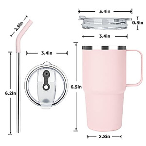 Sursip 24 oz Insulated Cup with Handle, Double Wall Vacuum Stainless Steel Tumbler with Straw and 2 Lids, For Cold/Hot Drinks, Coffee Travel Mug for Car/Home/Office/Party/Camping (Pink-1 Pack)