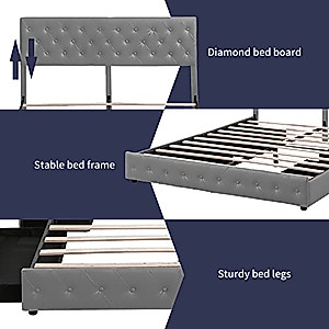 ZAFLY Upholstered California King Size Bed Frame with Tufted Headboard,PU Leather Platform Cal King Bed Frame with 4 Storage Drawers,Wooden Slats Support,No Box Spring Needed,Easy Assembly (Grey)
