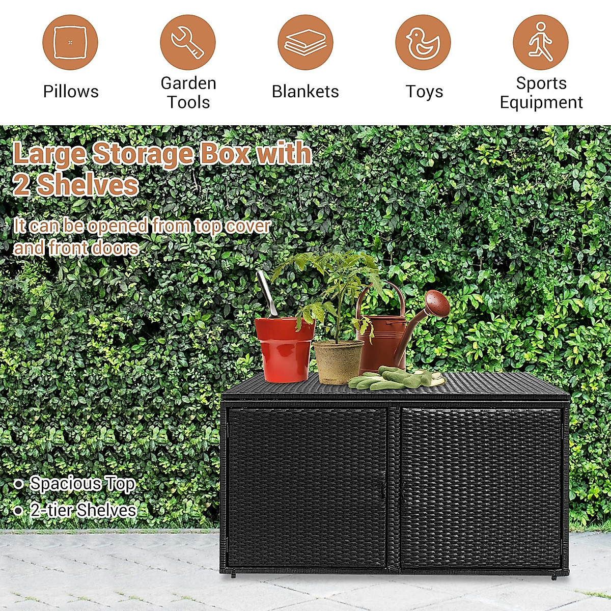 RELAX4LIFE PE Wicker Storage Box - Outdoor 88 Gallon 2-Tier Deck Box for Patio Furniture Toys Storage w/Lid & Front Doors, All Weather Rattan Storage Bin for Backyard Garden Poolside Porch (Black)