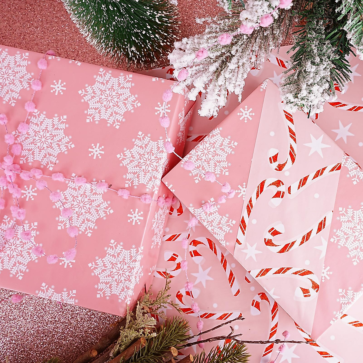 LaRibbons Reversible Christmas Wrapping Paper Jumbo Roll with Pink Pom Pom, Classic Candy Cane/Snowflake Gift Wrap Set for Christmas, Party, Holiday Celebration, 30 Inch × 40 Feet (100 sq. ft. ttl.)