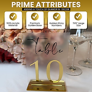 Table Numbers-Mirrored Gold Table Numbers & Base-Frosted Acrylic Table Numbers -Wedding Decorations for Reception-Minimalistic font table number stands 7x5-wedding table numbers for wedding reception
