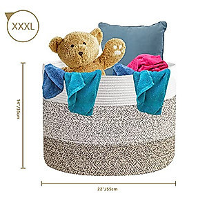 Large Woven Cotton Rope Basket - 22" x22"x 14", Baby Laundry Basket, Blanket Basket, Storage Baskets, Home Organizing Bins and Nursery Decor with Handle for Blankets, Toys, Clothes(White & Brown)