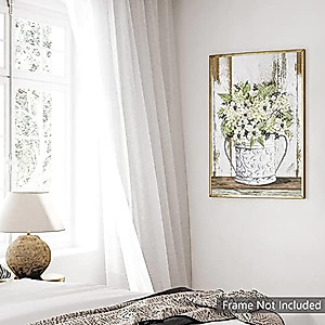 Rustic Floral Wall Art Country Bathroom Wall Decor Farmhouse Style Poster White Flower Canvas Prints Jar Flower Wall Art Home Decor for Bathroom Bedroom Living Room 16x24 Inch No Frame