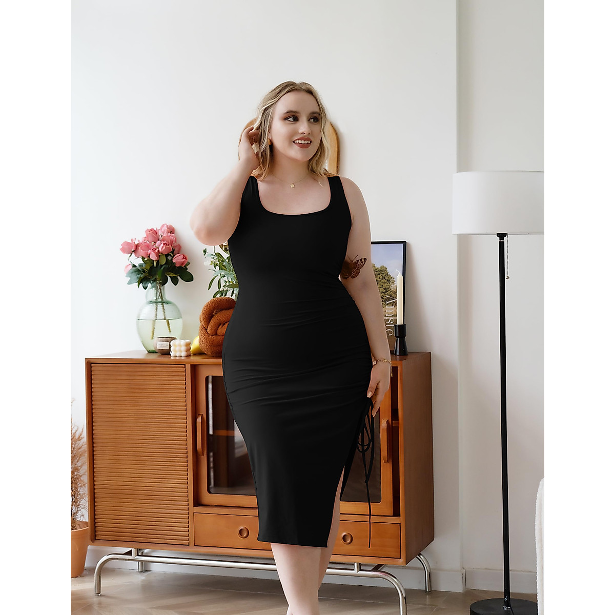 GOKATOSAU Women's Summer Sexy Sleeveless Side Split Bodycon Ruched Midi Tank Dress Black