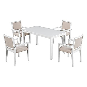 5 Piece Kitchen Dining Table Set, Wood Rectangular Dining Table with 4 Arm Upholstered Dining Chairs, Kitchen Room Table Set for 4 Persons (Beige)