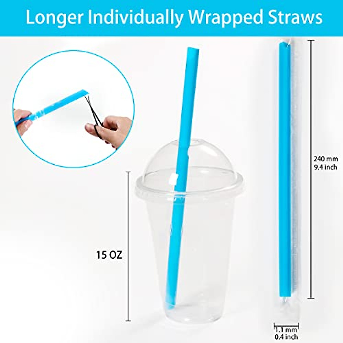 100 Pcs Individually Packaged Pointed Jumbo Smoothie Straws,Disposable Individually Wrapped Plastic Lengthen Milkshake Boba Straw (0.43" Diameter and 9.45" long) (Colorful)
