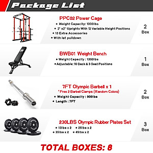 RitFit Squat Rack Power Cage Home Gym Package, Includes 1000LBS Power Rack with LAT Pull Down, Weight Bench, Rubber/Bumper Plates Set with Olympic Barbell (Package 1.6K (Bumper Plate 230LBS))-Orange