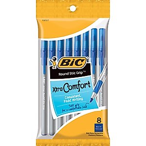 BIC Round Stic Grip Xtra Comfort Ballpoint Pen, Medium Point (1.2mm), Blue, 8-Count