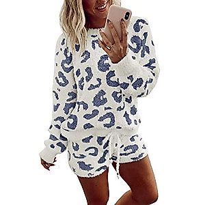 MEROKEETY Women's Cozy Fuzzy Fleece Leopard Pullover Nightwear Casual Crewneck Matching Loungewear Pj Sets,DustyBlue,XL
